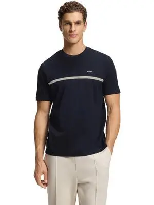BOSS Cotton T-shirt With Logo And Stripe - Dark Blue