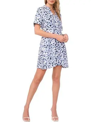 Vince Camuto Floral V-neck Knee-length Dress - Rich Black/white/blue
