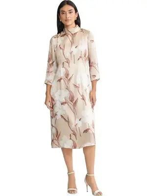 Misook A-line Floral Print Silk Midi Dress - Biscotti/charmeuse