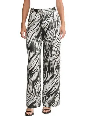 Misook Marble Print Wide Leg Silk Pant - Black/white