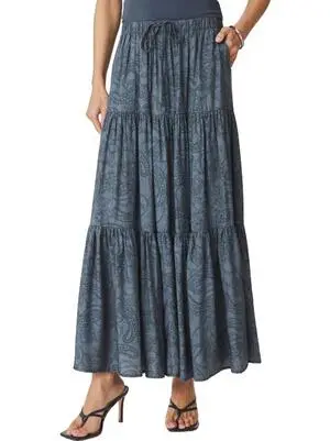 Splendid Iris Paisley Tiered Maxi Skirt - Mood Indigo Blue
