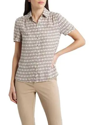 Anne Klein Printed Shirred Short Sleeve Shirt - White Dove Multi