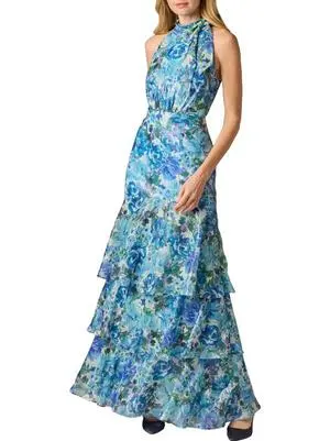 Adrianna Papell Metallic Floral Tiered Chiffon Gown - Blue Multi