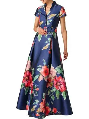 Adrianna Papell Floral Belted Mikado Gown - Navy Multi