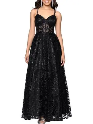 BLONDIE NITES Strappy Illusion Bodice Ballgown - Black