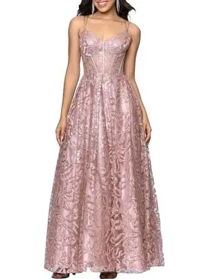 BLONDIE NITES Strappy Illusion Bodice Ballgown - Rose