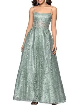 BLONDIE NITES Sequin Illusion Bodice Ballgown - Sage