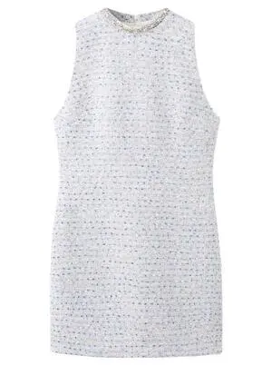 Mango Rhinestone Sleeveless Tweed Dress - Sky Blue