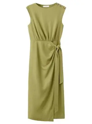 Mango Linen Blend Midi Dress - Olive Green