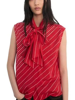 MANGO Striped Tie Neck Top