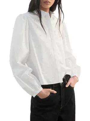 Mango Pearl Detail Puff Sleeve Shirt - White