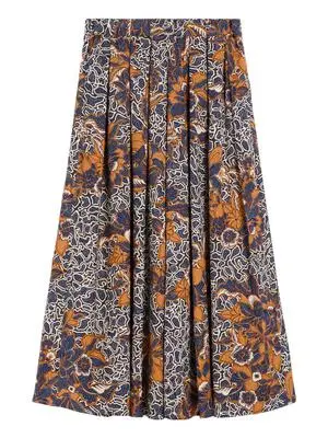 Max Mara Printed Poplin Pleated Long Skirt - Navy
