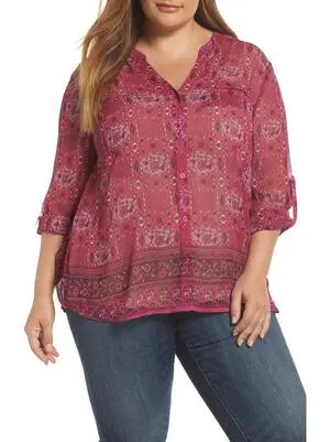 Kut From The Kloth Floral Print Roll Sleeve Top - Berry