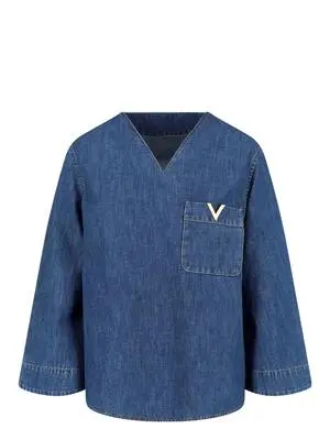 Valentino Garavani Vgold Cotton Chambray Top - Blue