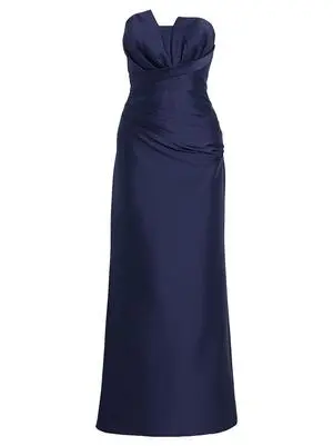 Badgley Mischka Strapless Pleated Satin-twill Gown - Navy