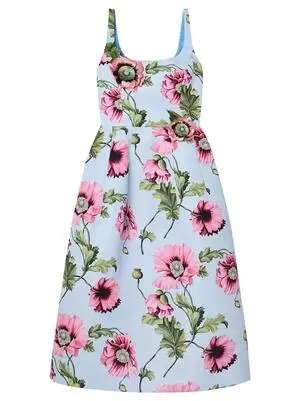 Oscar De La Renta Appliquéd Floral-print Faille Midi Dress - Light Blue