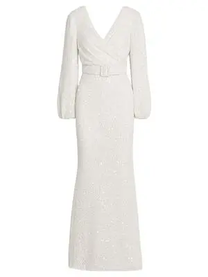 Badgley Mischka Wrap-effect Sequin-embellished Bouclé Gown - White
