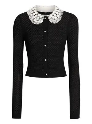 Alice + Olivia Lace-trimmed Pointelle-knit Wool-blend Cardigan - Black