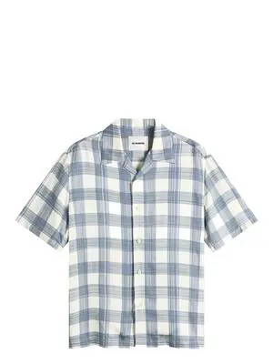 JIL SANDER Boxy Fit Short Sleeve Shirt Check Shirt - Blue Hydrangea