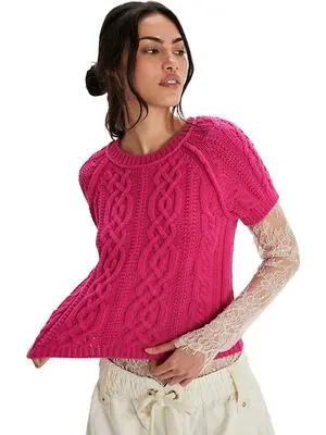 Free People Cable Knit Pullover - Hot Pink