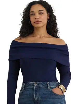Ralph Lauren Ribbed Cotton-blend Off-the-shoulder Top - Refined Navy
