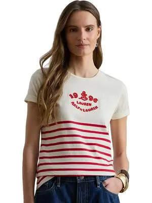 Ralph Lauren Striped Embroidered-logo Jersey Tee - Mascarpone Cream/red
