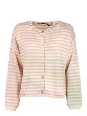 Seventy Striped Neck-embellished Cardigan - Pink