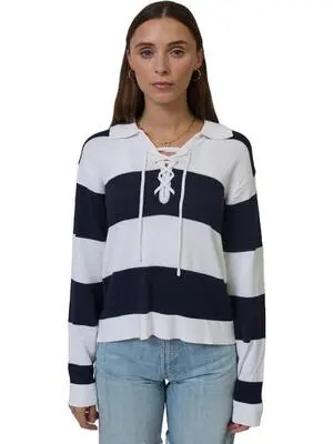 Central Park West Chelsea Rugby Striped Knit Polo - Navy Stripe
