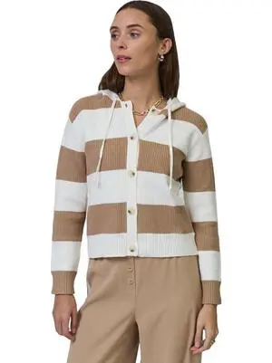 Central Park West Chloe Hooded Rugby Cardigan - Camel/ivory