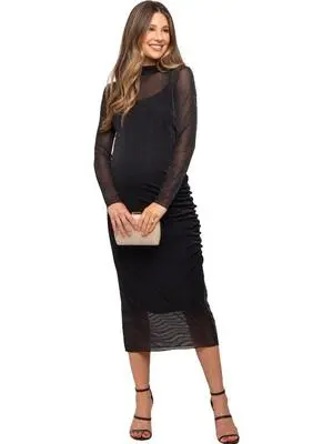 PINKBLUSH Shimmer Mesh Long Sleeve Ruched Maternity Midi Dress - Black