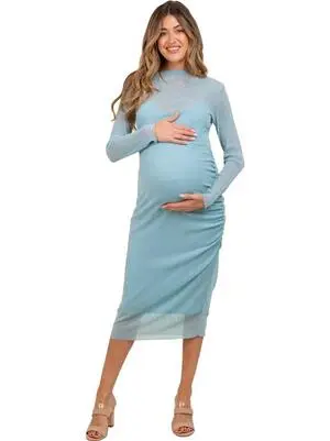 PINKBLUSH Shimmer Mesh Long Sleeve Ruched Maternity Midi Dress - Light Blue