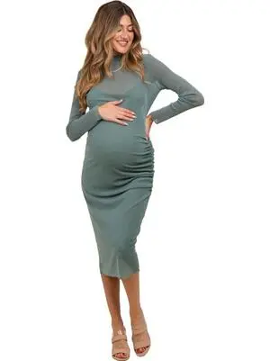 PINKBLUSH Shimmer Mesh Long Sleeve Ruched Maternity Midi Dress - Light Olive