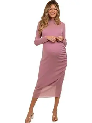 PINKBLUSH Shimmer Mesh Long Sleeve Ruched Maternity Midi Dress - Pink