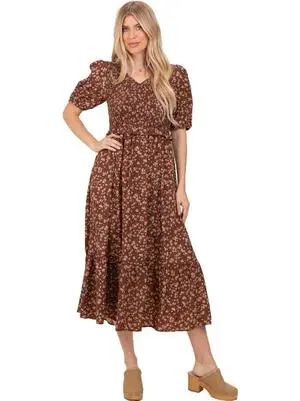 PINKBLUSH Floral Smocked Maternity Midi Dress - Brown