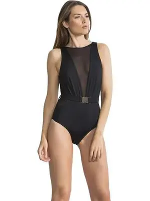 NESSI BYRD Belted High-neck One-piece Swimsuit With Sheer Mesh Inset - Black
