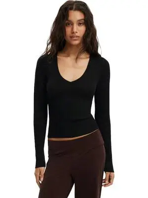 COTTON ON Cotton On Long Sleeve Ribbed V-Neck Pullover Black