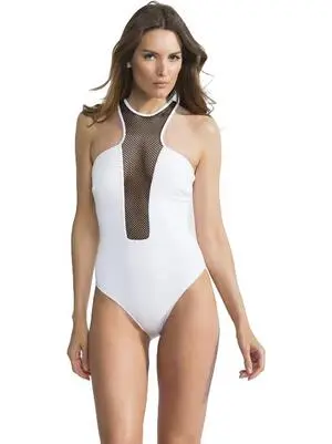 NESSI BYRD Piqué High-neck Mesh-panel One-piece Swimsuit - White