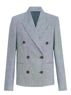 Brunello Cucinelli Linen And Cotton Houndstooth Blazer With Monili - Blue