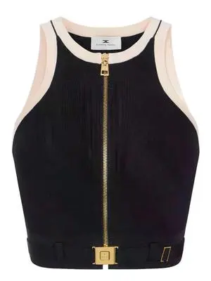 Elisabetta Franchi Knit Racerback Top With Shiny Viscose Bands And Belt - Black