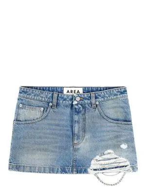 AREA Crystal-embellished Frayed Denim Mini Skirt - Blue