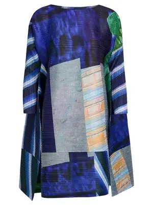 Issey Miyake Printed Pleated Mini Dress - Blue