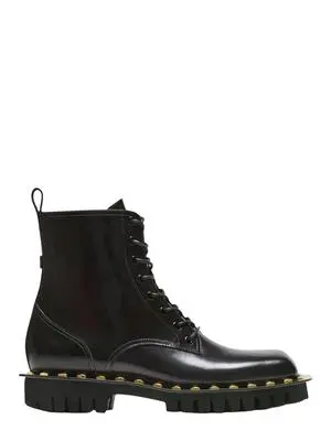 Balmain Glazed Leather Studded Platform Boots - Black