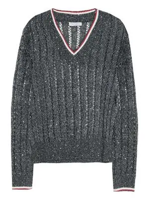 Brunello Cucinelli Sequin-embellished Linen-blend Sweater - Navy