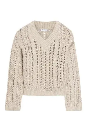 Brunello Cucinelli Cable And Open-knit Jute-blend Sweater - Mushroom