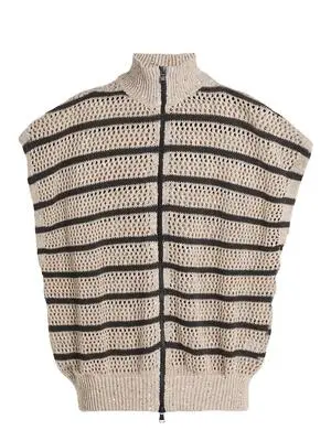 Brunello Cucinelli Striped Open-knit Linen-blend Vest - Stone