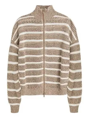 Brunello Cucinelli Striped Open-knit Linen-blend Cardigan - Mushroom