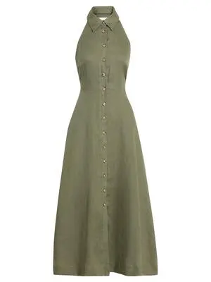 Veronica Beard Mackey Linen Halterneck Midi Dress - Army Green