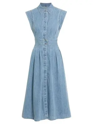 Veronica Beard Loreta Pleated Denim Midi Shirt Dress - Mid Denim