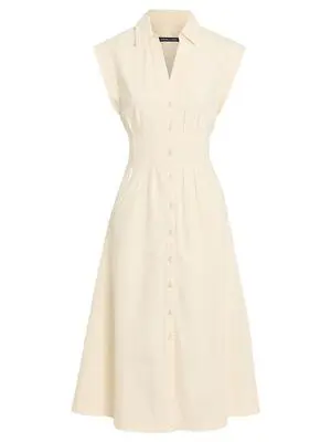 Veronica Beard Loreta Pleated Denim Midi Shirt Dress Ecru