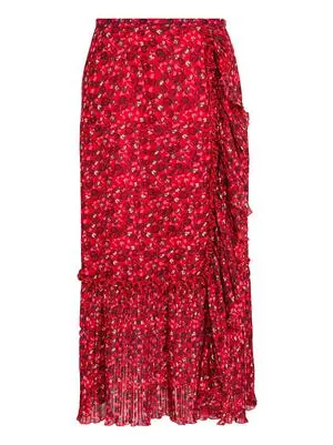 GANNI Pleated Floral-print Crepe Midi Skirt - Red